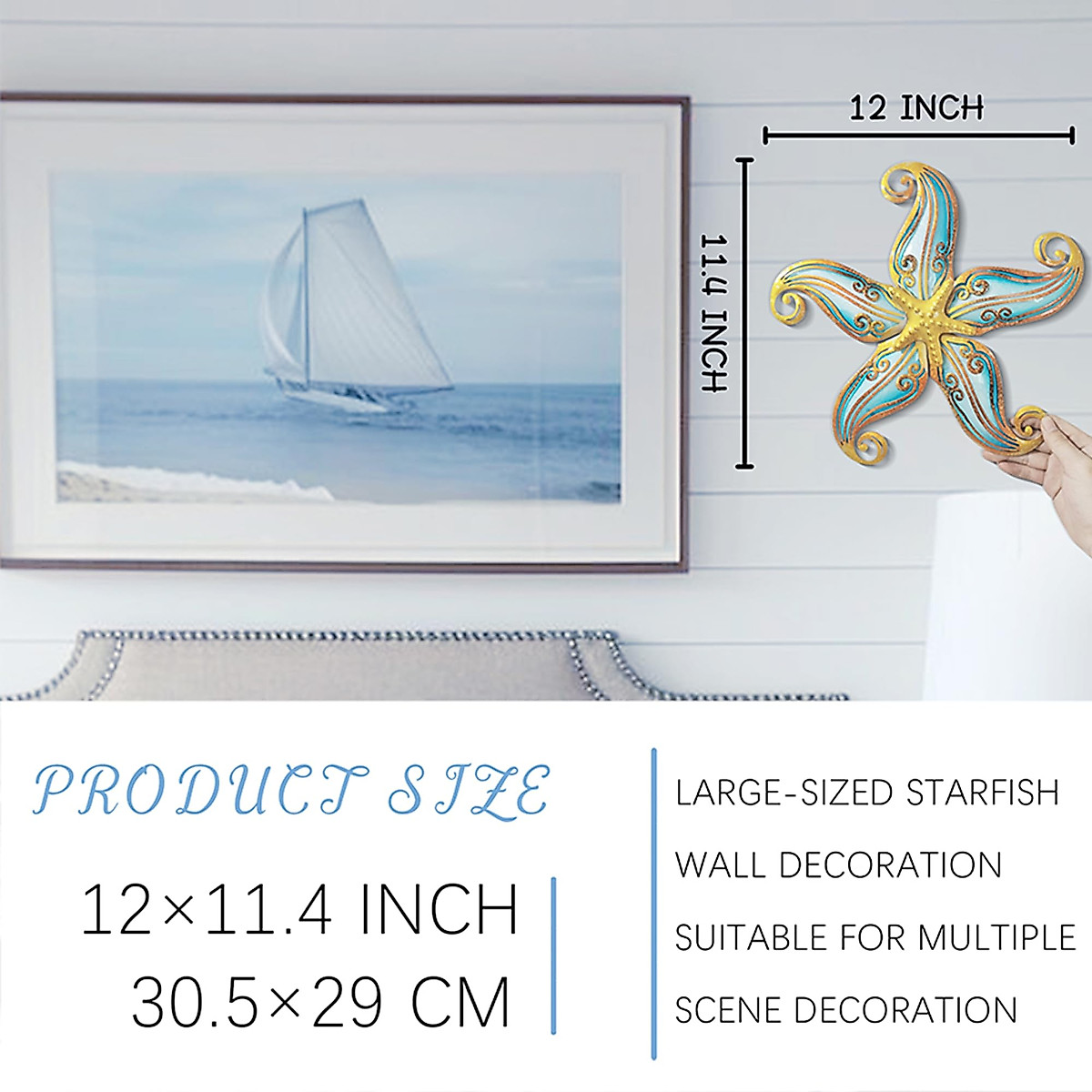 POXOHO Metal Starfish Wall Decor, Sea Life Coastal Decorations 12 inch Starfish Wall Art, Nautical Home Decoration Handing Ocean Beach Wall Art for Garden,Fence,Home,Patio,Kitchen,Bathroom,(Blue)