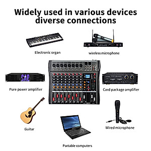 Mixers Audio 8 Channel Mixer, Dj Mixer Board Mixer Audio Bluetooth MP3 Mixer for Music With 48V Phantom Power Stereo FX Analog Digital Effects, Usb Audio Mixer for Karaoke Speakers