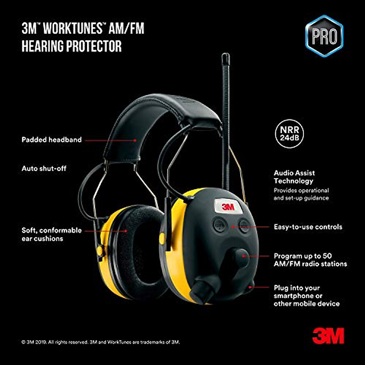 3M WorkTunes Hearing Protector with AM/FM Radio, NRR 24 dB,Black/Yellow