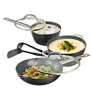Lecooking 7 Piece Non Stick Cookware Set, Pots, Pans Nonstick Coating, Includes Fry Pans, Stock Pots, Sauce Pan, etc, Pots and Pans Set Dishwasher Safe(Black)