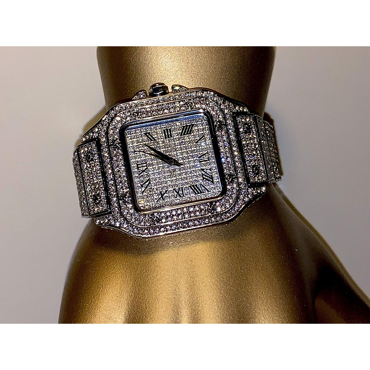 Luxury CZ Diamond Iced Bracelet Watch - Roman Numeric Square Dial - Custom Fit, Bust Down Watch For Men, Women & Hip Hop/Rapper Choice - Mens Jewelry
