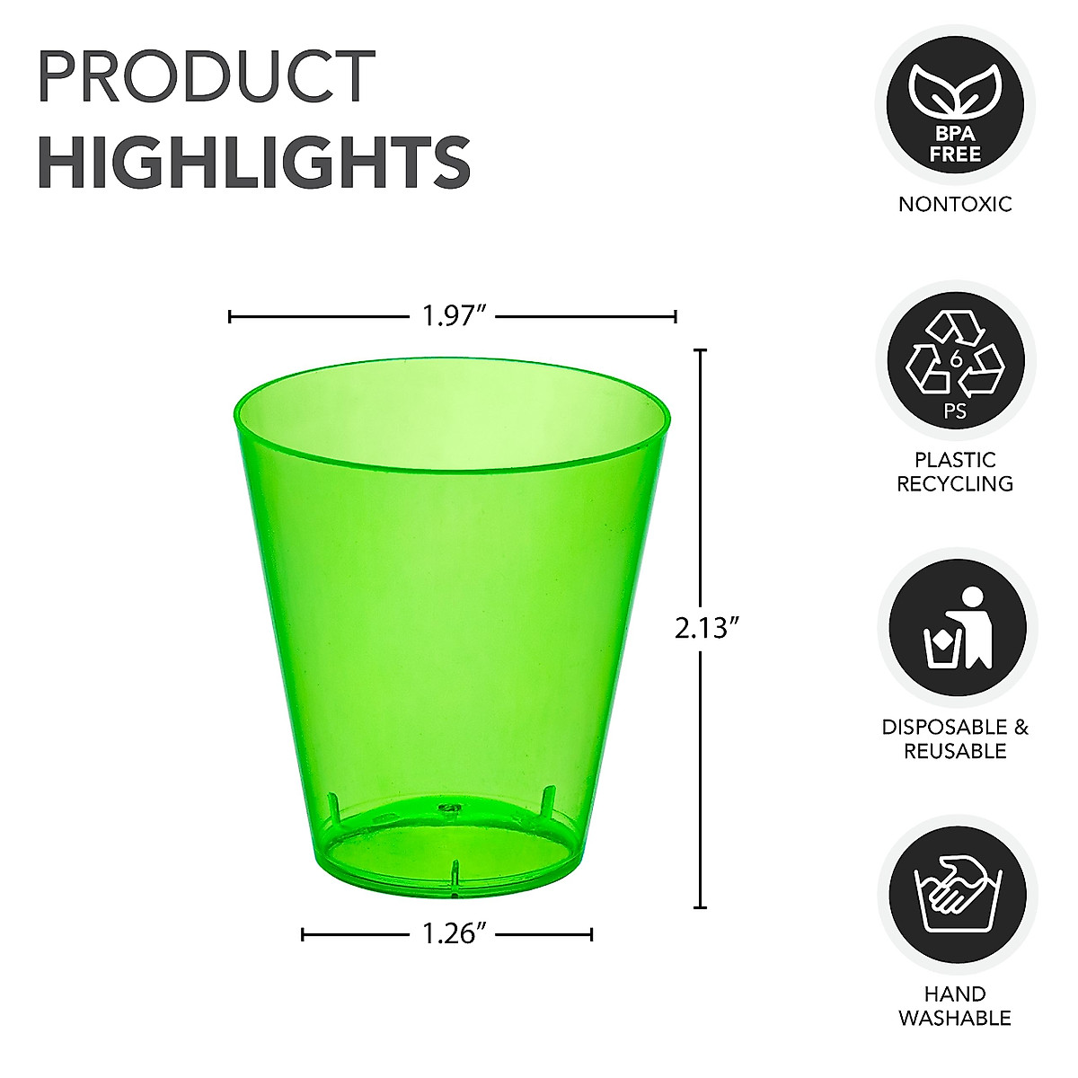 Party Essentials Disposable Hard Plastic 2-Ounce Shot/Shooter Glasses, Neon Green, 100 Count