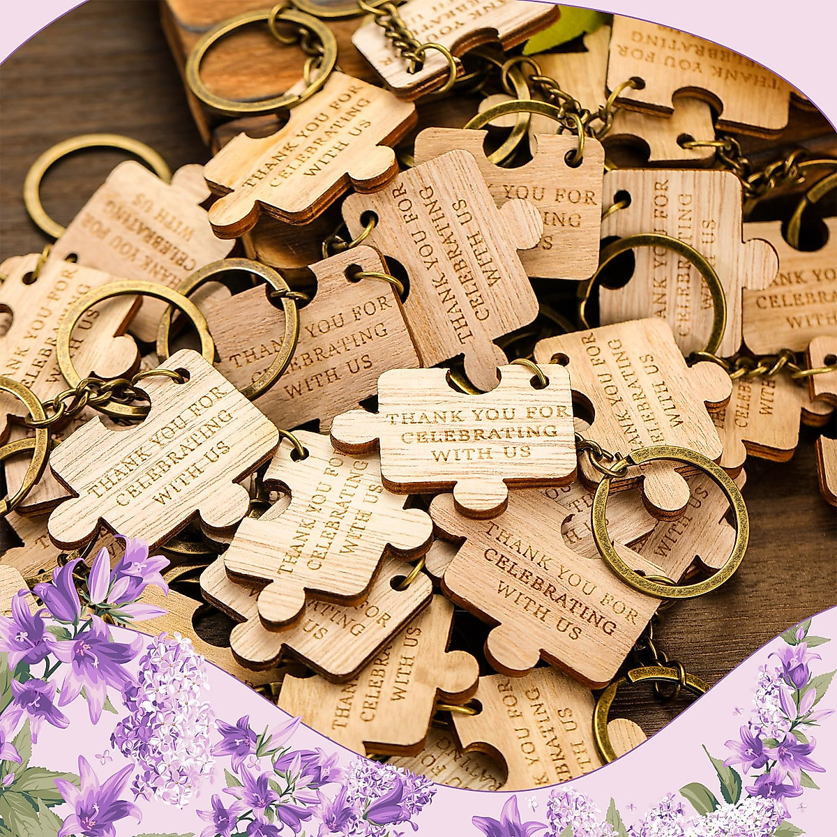 Huquary Wedding Favors Bulk for Guest Wood Puzzle Keychain Thank You for Celebrating with Us Keyring Gifts with Organza Bags for Bridal Shower Engagement Bachelorette Party Supply (200)