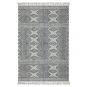 Casavani Hand Block Printed Cotton Dhurrie Geometric Gray & Beige Tassel Rug Easy Care Washable Rugs for Doormat Entryway Living Room Bedroom Hallway Balcony 2.6x10 Feet Runner