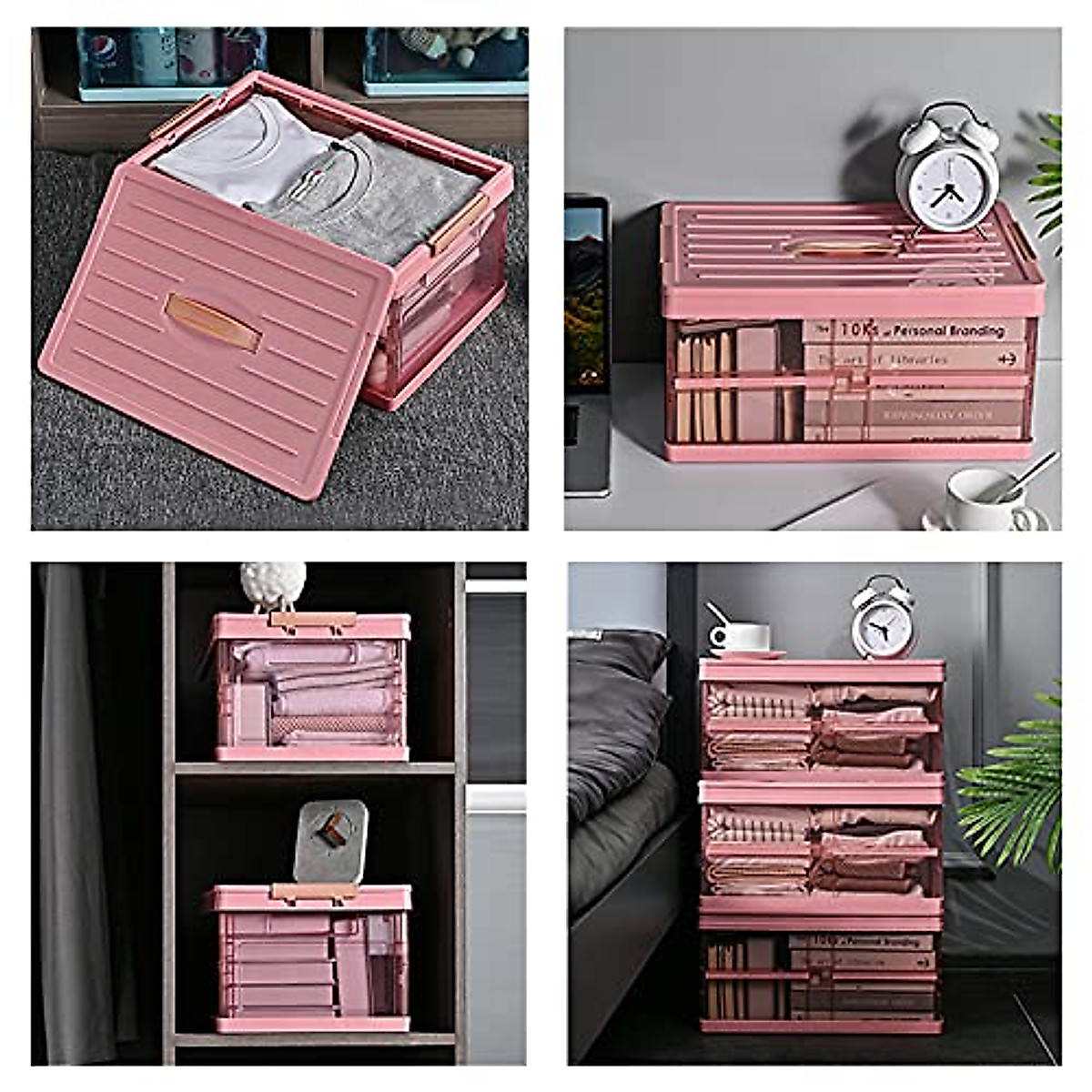 DAPANGYOUNG Collapsible Storage Bins with Lids - Clear Plastic Storage Bin Stackable Latch Storage Boxes with Durable Lid and Secure Latching Buckles For Home Office Car and Travel Organization, Pink