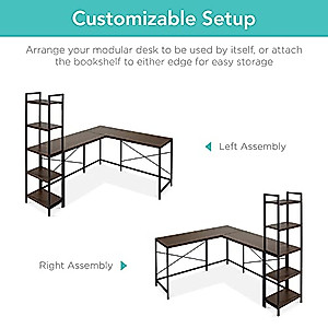 Best Choice Products L-Shaped Corner Computer Desk, Large Study Workstation Furniture w/Multifunctional 5-Tier Open Storage Bookshelves, Custom Setup for Home, Office - Brown/Black