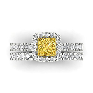 Clara Pucci 1.54 carat Princess Cut Halo Solitaire Natural Citrine Engagement Wedding Anniversary Bridal Ring band set 14k White Gold 6.5