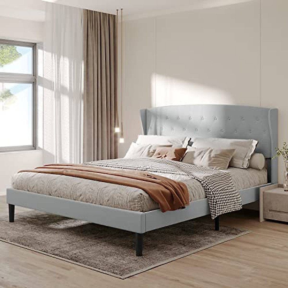 BONSOIR Queen Size Bed Frame Upholstered Traditional Low Profile Platform with Tufted Wing Back Headboard/No Box Spring Needed/No Bed Skirt Needed/Linen Fabric Upholstery/Light Grey (Queen Size)