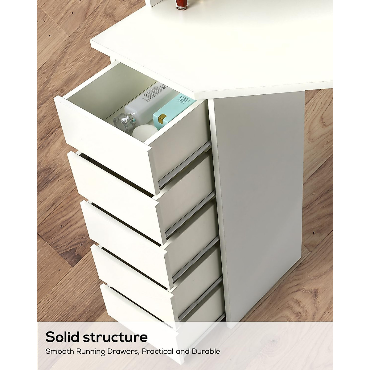 VOWNER Vanity Desk with Mirror and Lights - Vanity with 3 Lighting Options, Adjustable Brightness, Vanity Set with 5 Sliding Drawers, Shelves and Vanity Stool, Corner Vanity for Women Girls, White 43"