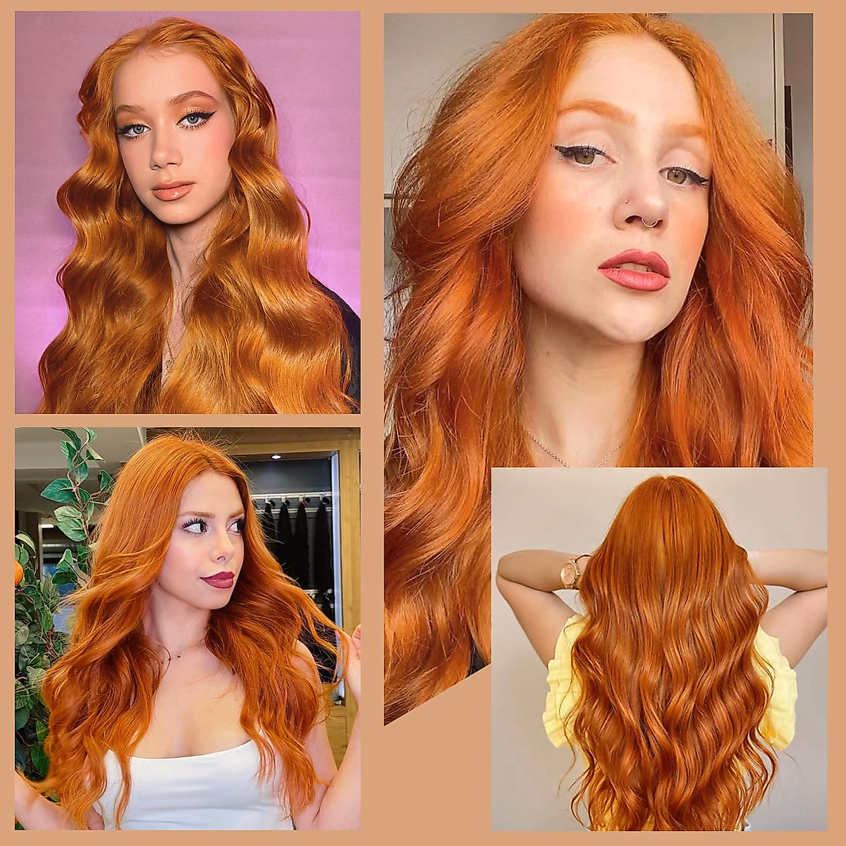 WECAN Clip In Hair Extensions 20 Inch 6pcs Copper Red Long Wavy Curly Hair Extensions Ginger Synthetic Fiber Double Weft Soft Hairpieces For Women Full Head