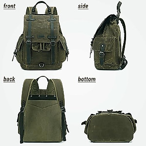 HuaChen Wax-Coated Canvas Backpack: Vintage Outdoor Travel Bag, Laptop Sleeve, Water-Resistant Shoulder Rucksack (M82_Army Green)
