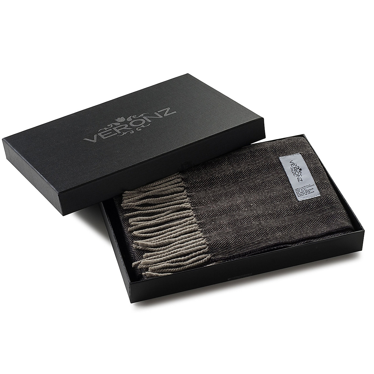 VERONZ Super Soft Luxurious Classic Cashmere Feel Winter Scarf With Gift Box (Black Gray Herringbone Gift 1)