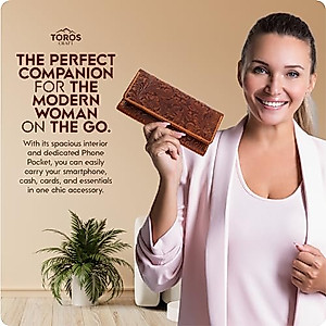 Toros Craft Handmade Western Wallets for Women, Genuine Tooled Leather & Long Credit Card Holder, Cowhide Slim Cell Phone Case, Large Capacity, Cute Clutch & Purse & Handbag (Camel)