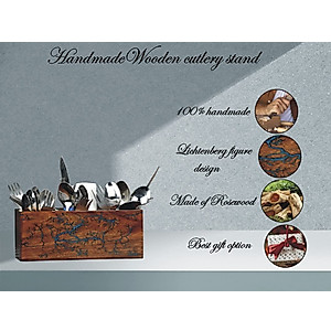 Utensil Caddy Silverware Cutlery Holder with 3 Compartment, Wooden Utensil Crock Flatware Organizers with Iron Stand, Rustic Kitchen Utensil Organizers for Farmhouse Kitchen and Countertop