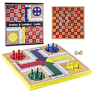 AMEROUS 12 inches Wooden Ludo Board Game - Snakes and Ladders, 2 in 1 Reversible, 1-4 Players Family Dice Games Set for Kids, Adults, Classics Tabletop Version (Gift Box Packed)