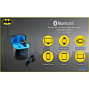 eKids Batman Bluetooth Earbuds with Microphone, Kids Wireless Earbuds with Charging Case for Ear Buds, for Fans of Batman Gifts and Merchandise