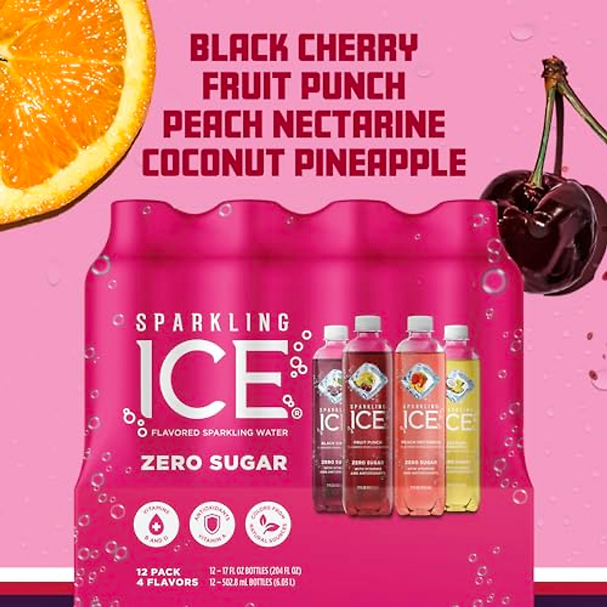 Sparkling Ice Pink Variety Pack, Flavored Sparkling Water, Zero Sugar, and Vitamins and Antioxidants, 17 fl oz, 12 count (Black Cherry, Peach Nectarine, Coconut Pineapple, Pink Grapefruit)
