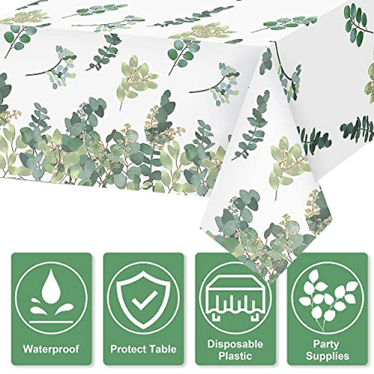 Eucalyptus Leaf Tablecloth 3pcs Sage Green Tablecloth Sage Green Baby Shower Decorations Eucalyptus Leaves Sage Greenery Plastic Table Covers for Neutral Green Baby Shower, Birthday, Wedding Decor