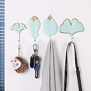 ORYOUGO Set of 8 Decorative Leaves Iron Hooks Plant Modern Key Holder Wall Mounted Single Prong Coat Hanger for Hallways, Living Room, Green+Gold