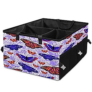 Gorgeous Butterfly Retro Purple Trunk Organizer Large Storage Groceries Bag for Car Trunk with Dividers Back Seat SUV Organizers Collapsible Adjustable Auto Trunk Cargo Box