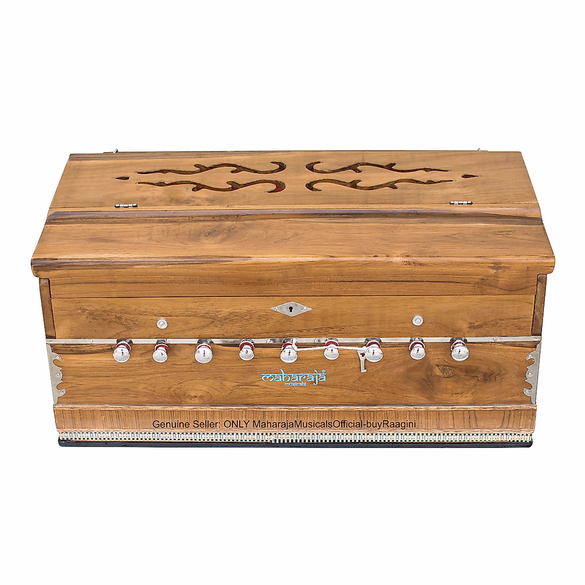 Harmonium Teak Wood by Maharaja Musicals, In USA, 3 1/2 Octave, 9 Stops, Special Double Reed, Coupler, Natural Color, Standard, Padded Bag, A440 Tuned, Musical Instrument Indian (PDI-GF)