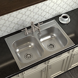 Moen GS202133Q 2000 Series 33-inch 20 Gauge Drop-in Double Bowl Stainless Steel Kitchen Sink, Featuring QuickMount