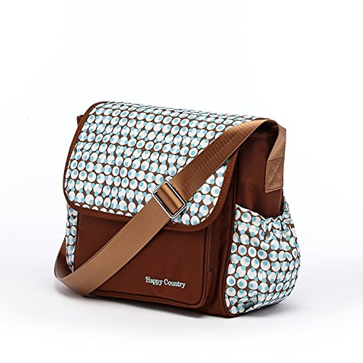 Diaper Bag Crossbody Baby Bag For Mom Turquoise Dots Brown Nylon Purse with Bottle Pockets For Travel Nappy Bag For Girls or Boys With Adjustable Wide Strap
