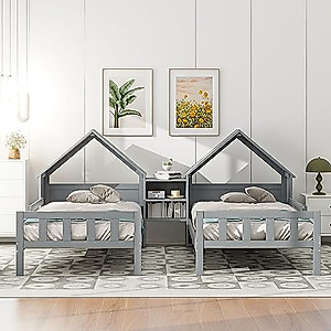 SIYSNKSI Twin Size Platform Bed with House-Shaped Headboard, Wood Platform Bed Frame with a Built-in Nightstand, Shared Double Twin Beds for Kids Teens Adults Boys Girls Bedroom (Grey 03)