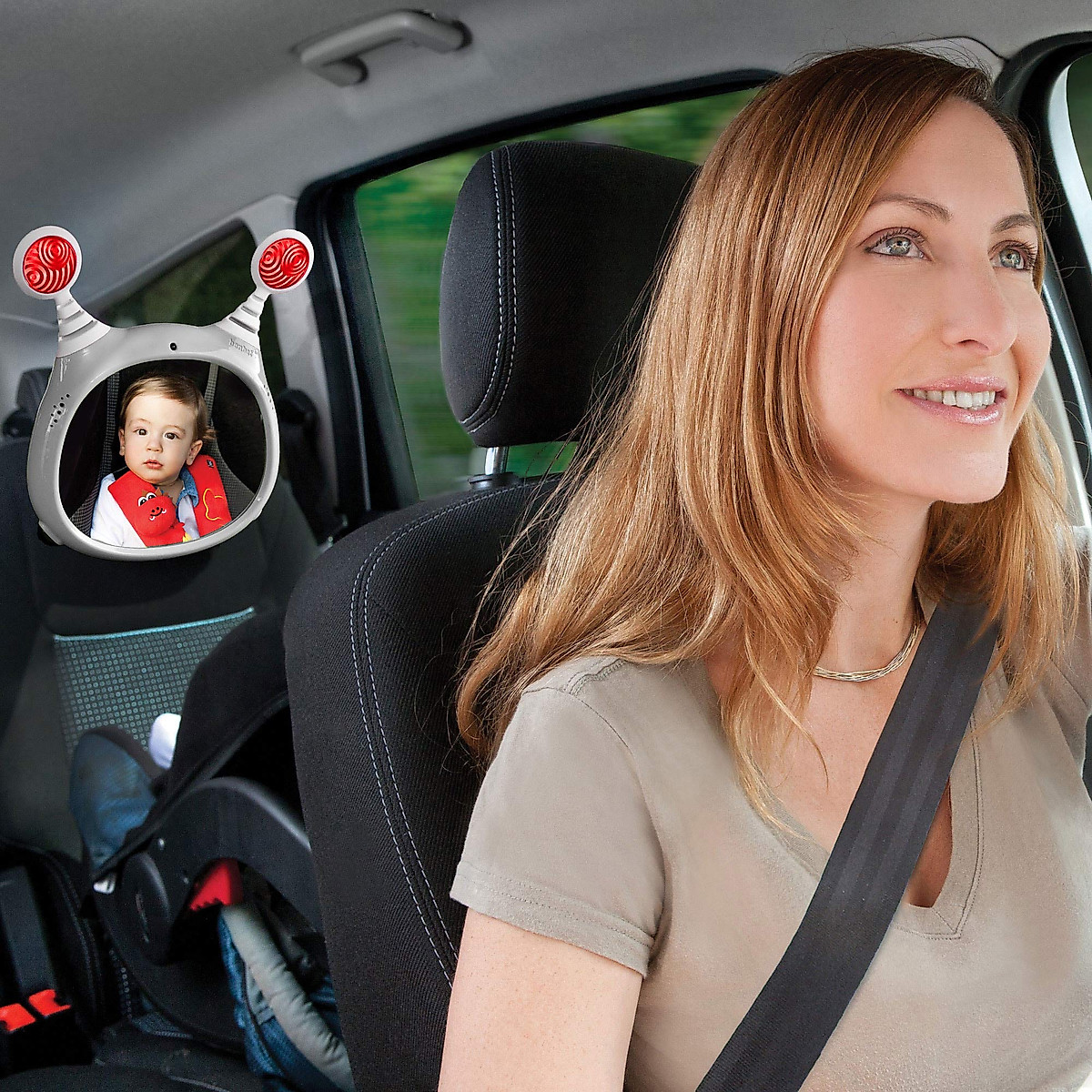 Oly Active Baby Car Mirror – Shatter-Proof Rear Facing Infant Mirror Entertains, Soothes, and Keeps Baby Visible – 10 x 11.7 x 3.1 In. Adjustable Headrest Mirror with Remote Control by Benbat, Gray