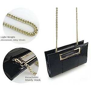 HOXIS Classic Crocodile Pattern Faux Patent Leather Metal Grip Cut it out Clutch with Shoulder Strap Womens Handbag(Black)