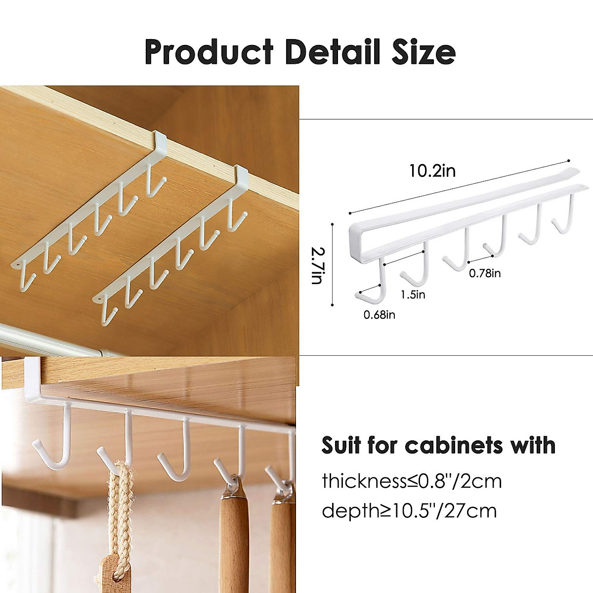 Achoulei 3pcs Mug Hooks Under Cabinet Coffee Mug Cup Holder Rack, Drilling Free Coffee Mug Cup Hanger Organizer for Kitchen Cabinets Storage - Fit for 1 Inch Thickness Shelf or Less (White)