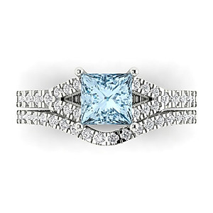 Clara Pucci 2.01ct Princess Cut Solitaire Natural Light Aquamarine Engagement Promise Anniversary Bridal Ring Band set 14k White Gold 7.5