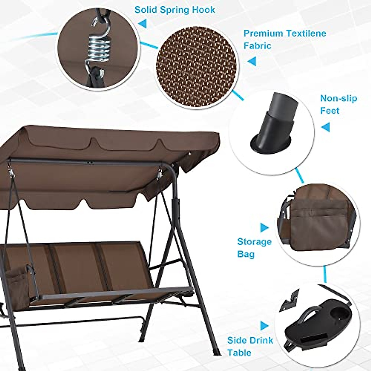 HABUTWAY Outdoor Patio Canopy Swing Chair,Porch Swing with Stand 3 Person,Heavy Duty Outdoor Swings for Deck,Backyard,Poolside,Textilene Fabric,Steel Frame,Storage Pocket,Utility Tray (Brown)