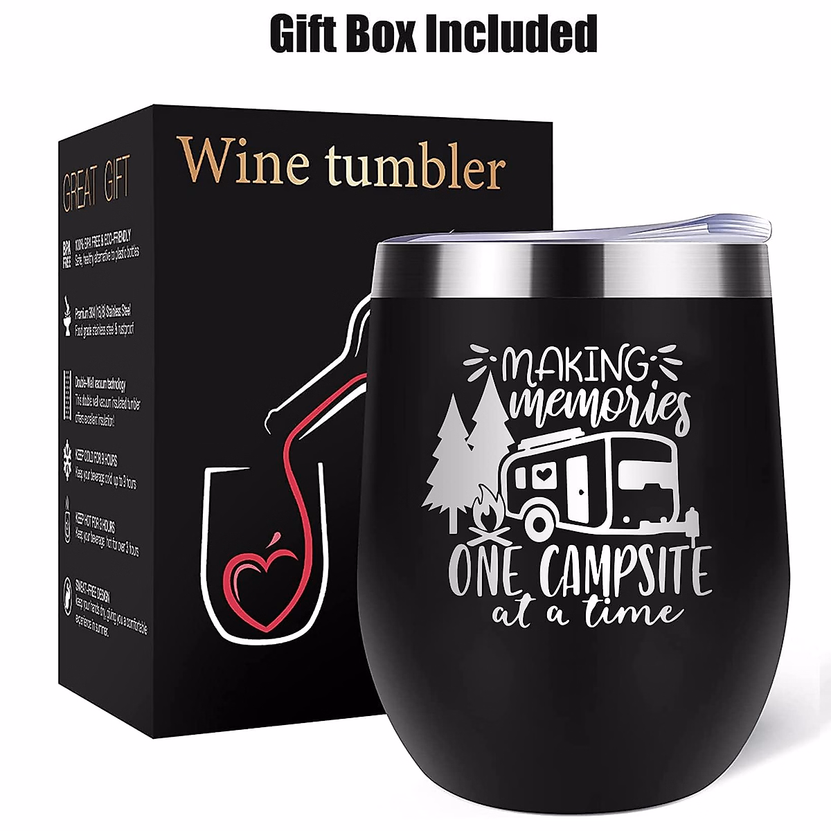 Joyloce Camper Wine Tumbler Coffee Mug, Camping Gifts Cup Stemless Tumblers with Lid Stainless Steel Insulated Vacuum 12 Oz, Gifts for Camping Lover RV Gifts, Making Memories One Campsite At A Time