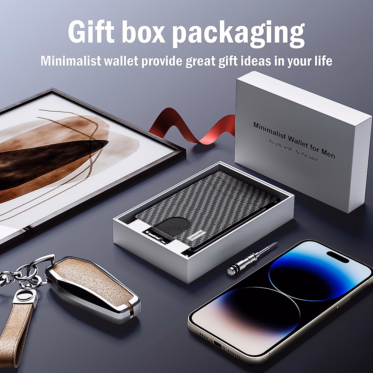 umoven Wallet for Men - Slim Leather RFID Blocking Bifold Minimalist Wallet with Metal Pop-Up Card Holder, Money Clip, Credit Card Slots - Men's Wallet, Carbon Fiber