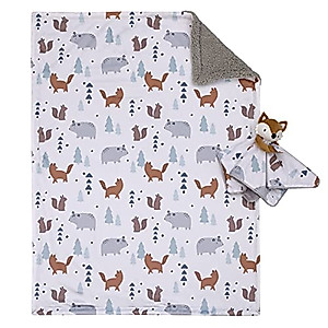 NoJo Fox and Friends White, Brown, and Gray Super Soft Winter Sherpa Baby Blanket and Security Blanket Set