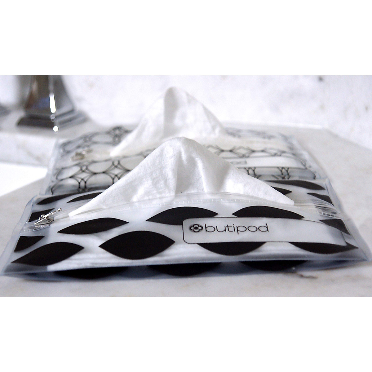 Butipods Reusable Wet Wipe Pouch Slim Case Travel Clutch Holder | Refillable Portable Baby Wipes Dispenser Container | Wipes Stay Moist | Great for Hand and Face Wipes, Set of 2 (Black Ovals & Rings)