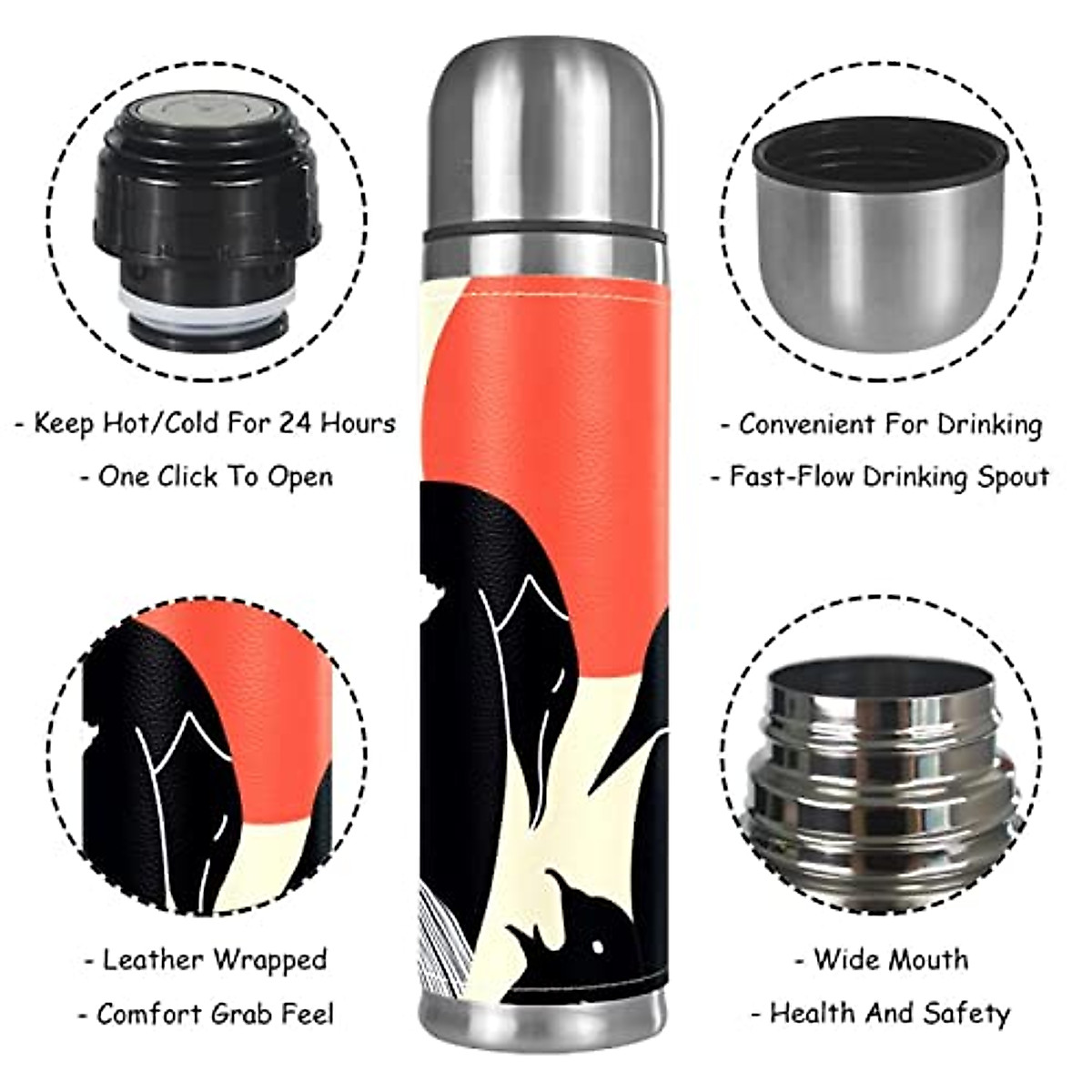 Stainless Steel Leather Vacuum Insulated Mug Penguin Thermos Water Bottle for Hot and Cold Drinks Kids Adults 16 Oz