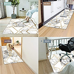Anti Fatigue Kitchen Rugs and Mats Set,2 Piece Modern Farmhouse Kitchen Rug Runner Non Slip Waterproof Comfort Soft Cushioned Standing Kitchen Floor Mats (17"x 47"+17"x 27", Gold White Marble)