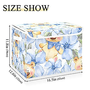 RunningBear Blue Flowers Teddy Bear Large Storage Bins with Lid Collapsible Storage Bin Dog Toy Storage Bin Fabric Storage Baskets for Closet Nursery Cabinet Living Room