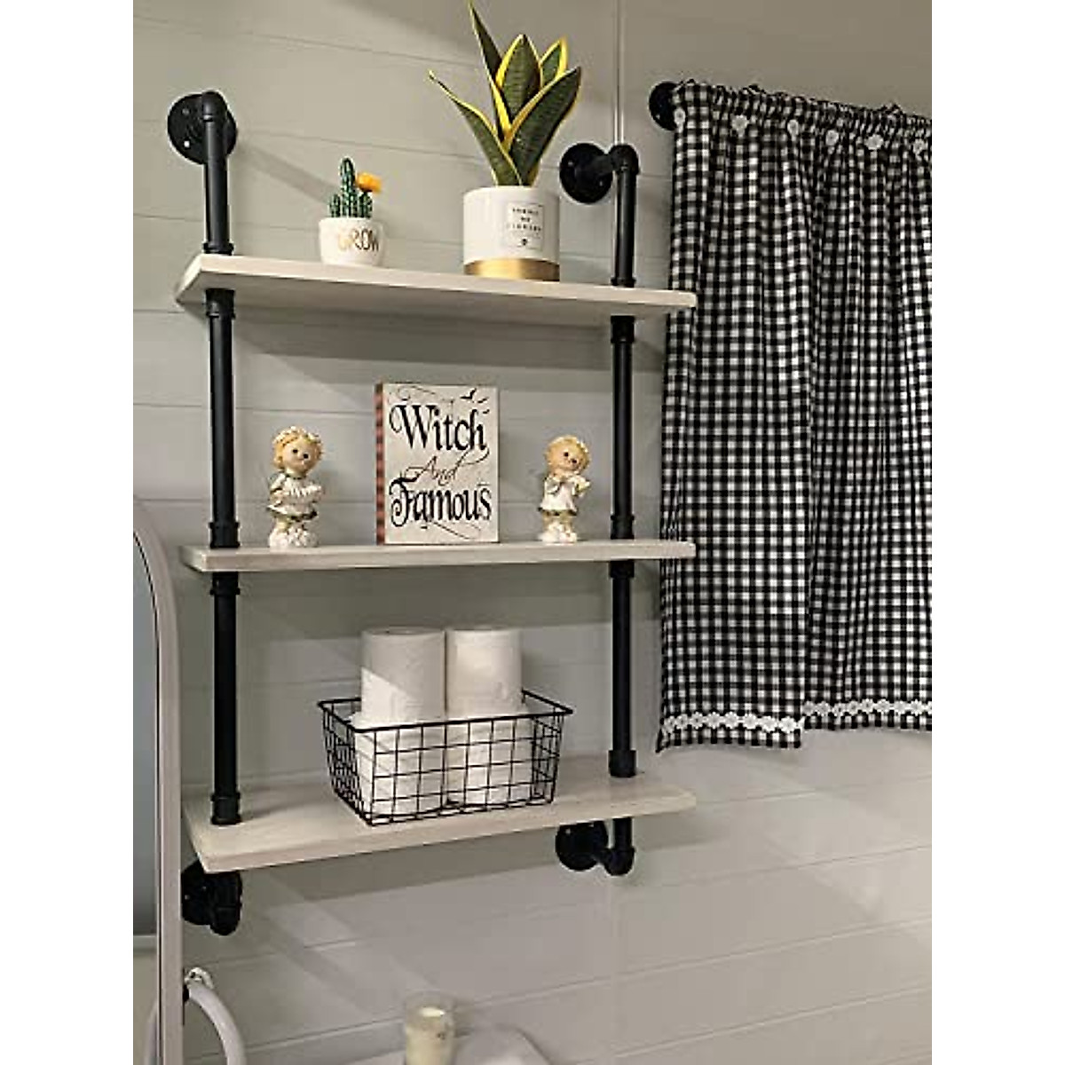 HDDFER Industrial Pipe Shelving Rustic White Pipe Wall Shelves Industrial Bathroom Shelves with Wood Planks Industrial Floating Shelves 24 Inch Farmhouse Bathroom Pipe Shelves Wall Mounted…