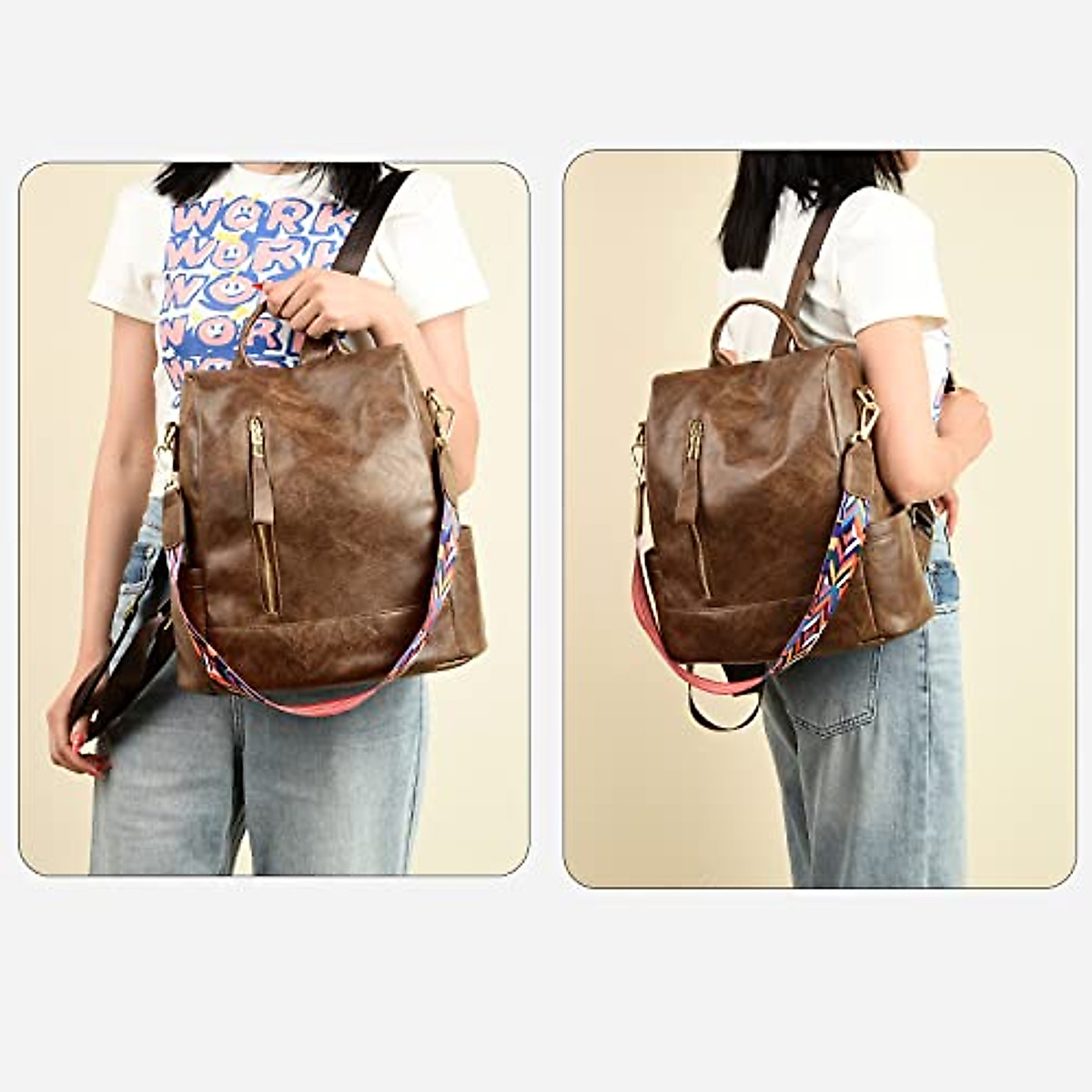 ZOCILOR Backpack Purse for Women, Stylish Leather Design, Large Capacity Travel & College Shoulder Bag, Anti-Theft Feature with Rear Zipper Opening (Camel)