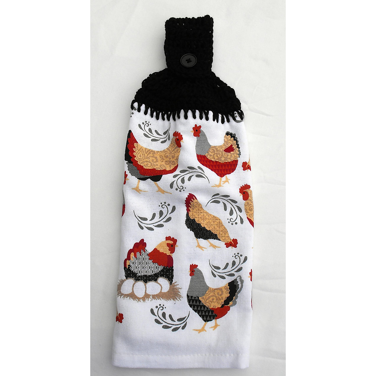 HEN, CHICKENS, ROOSTER & EGGS - CROCHET TOP HANGING KITCHEN TOWEL- DOUBLE THICK/FULL TOWEL