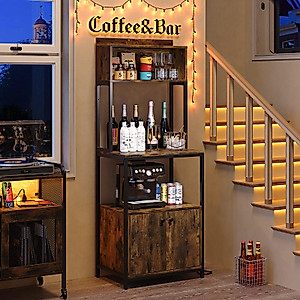 Furniouse 5-Tier Kitchen Bakers Rack with Power Outlet, Industrial Microwave Oven Stand with Storage, Kitchen Storage Shelf with Cabinet, Coffee cart, Standing Kitchen Storage Rack (Rustic Brown)