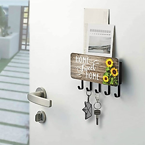 linqin Home Sweet Home Sunflower Key Holder for Wall, Decorative Wall Mounted Key Racks with 5 Key Hooks, Mail Key Organizer with Hanger for Entryway/Door/Bathroom/Kitchen