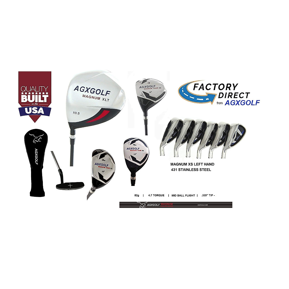 AGXGOLF Men's Left Hand XS Tour Magnum Complete Golf Club Set; w/OverSize Driver +3 Wood + 3&4 Hybrids + 5-SW Irons: Stiff Flex, Regular Length; Free Putter Built in The USA!
