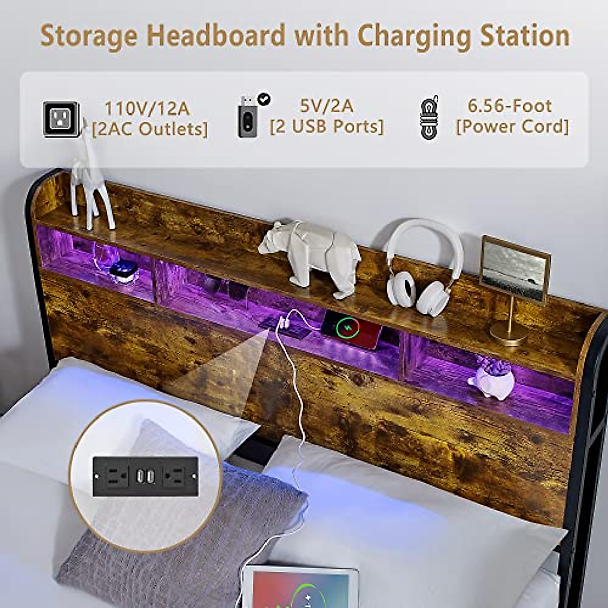 Alohappy Queen Bed Frame with LED Lights and Charging Station, Metal Platform Bed Frame with 2 -Tier Storage Headboard and Drawers, No Box Spring Needed, Easy Assembly, Noise Free