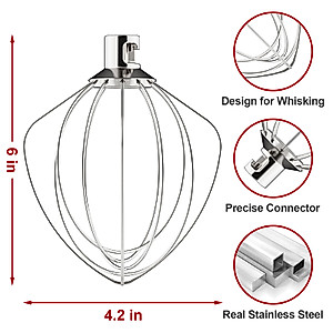 6 Wire Whisk Attachment for Kitchenaid Stand Mixer, Stainless Steel K45WW Whip Replace Attachment for 4.5-5Qt Tilt-Head Stand Mixer, For Egg Cream Stirrer, Flour Cake Balloon Whisk, Dishwasher Safe