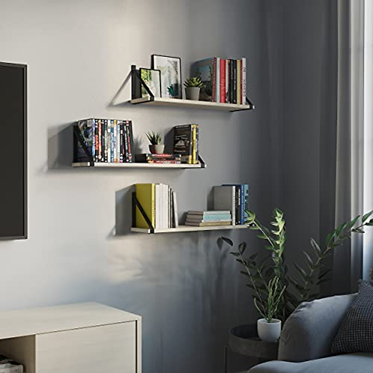 Wallniture Bora Floating Shelves for Wall Storage, 24"x6" Floating Bookshelf Set of 3, Natural Wood Wall Shelves for Living Room, Bedroom, Bathroom, Kitchen