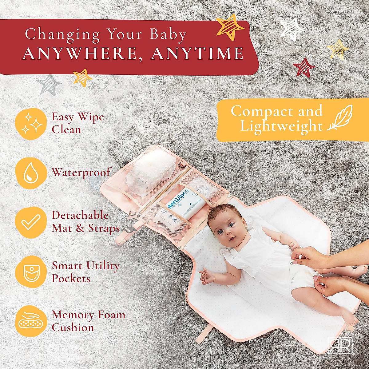 Portable Diaper Changing Pad Waterproof – B0NUS Insulated Baby Bottle Bag, 2-in-1 Diaper Clutch and Changing Mat, Wipe Clean Portable Changing Pad with Built-in Head Cushion (Peach)